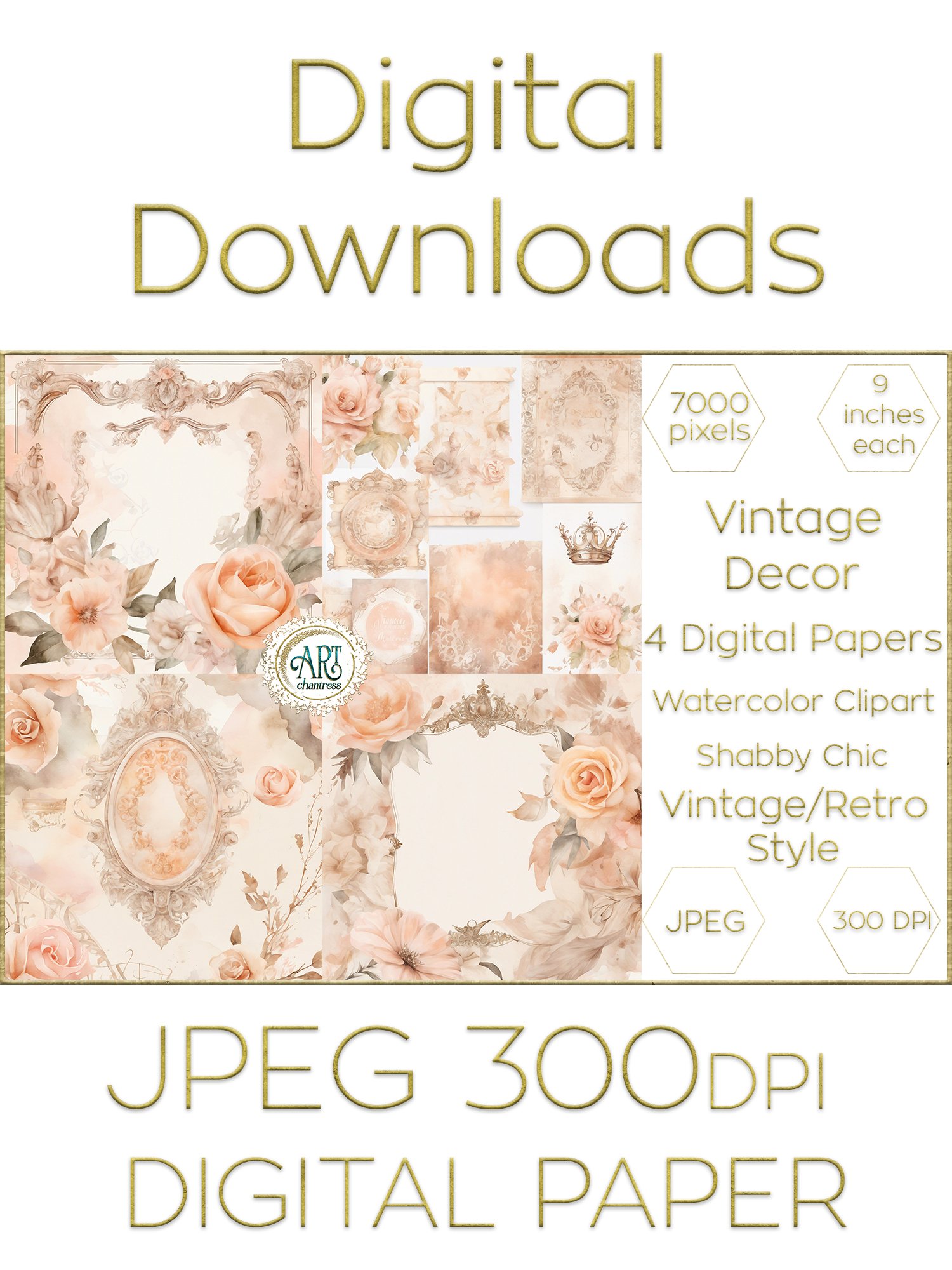 Watercolor Vintage French Pink Digital Paper Roses (3376941)
