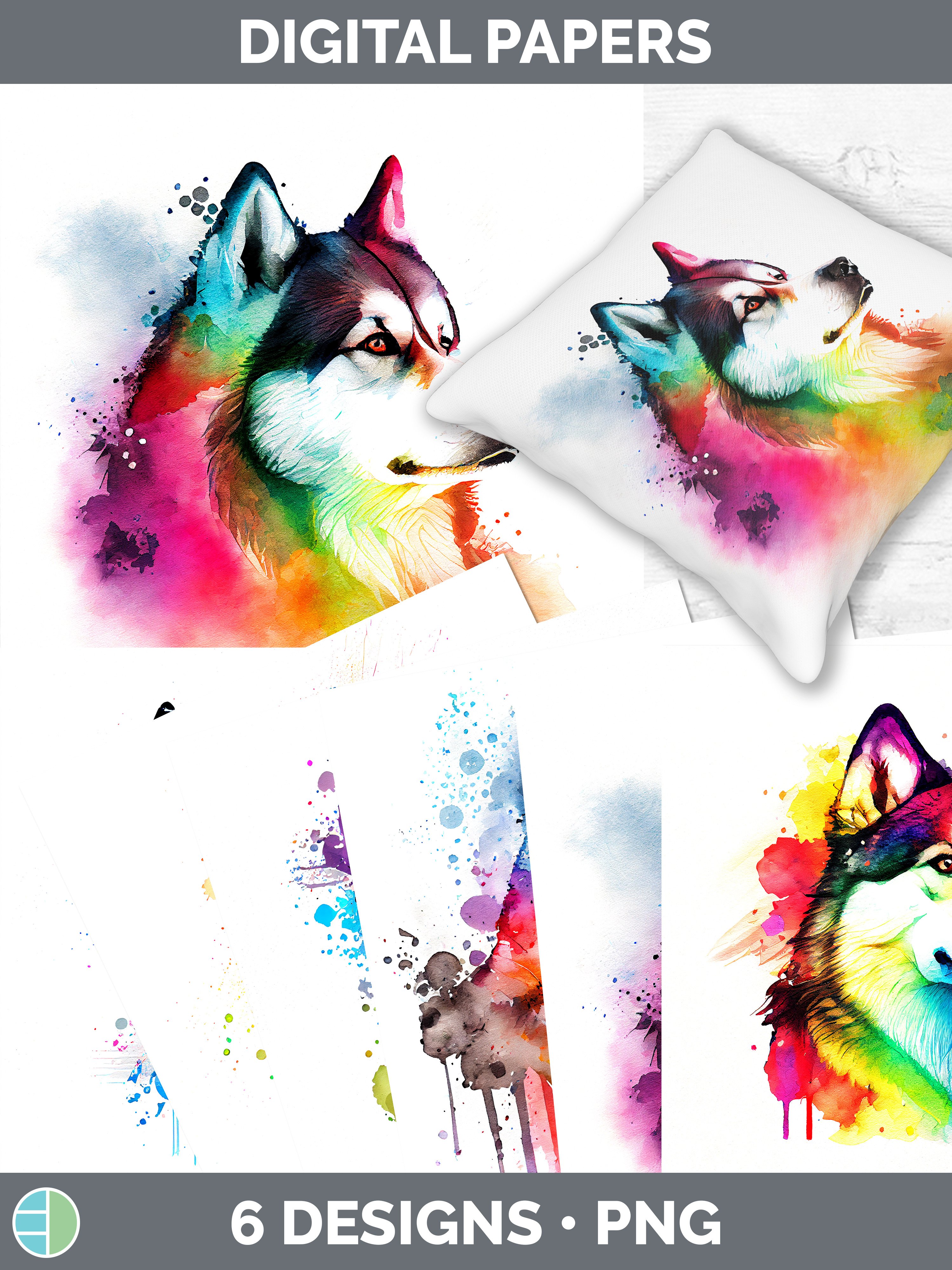 Rainbow Husky Dog Paper Backgrounds | Digital Scrapbook Pape