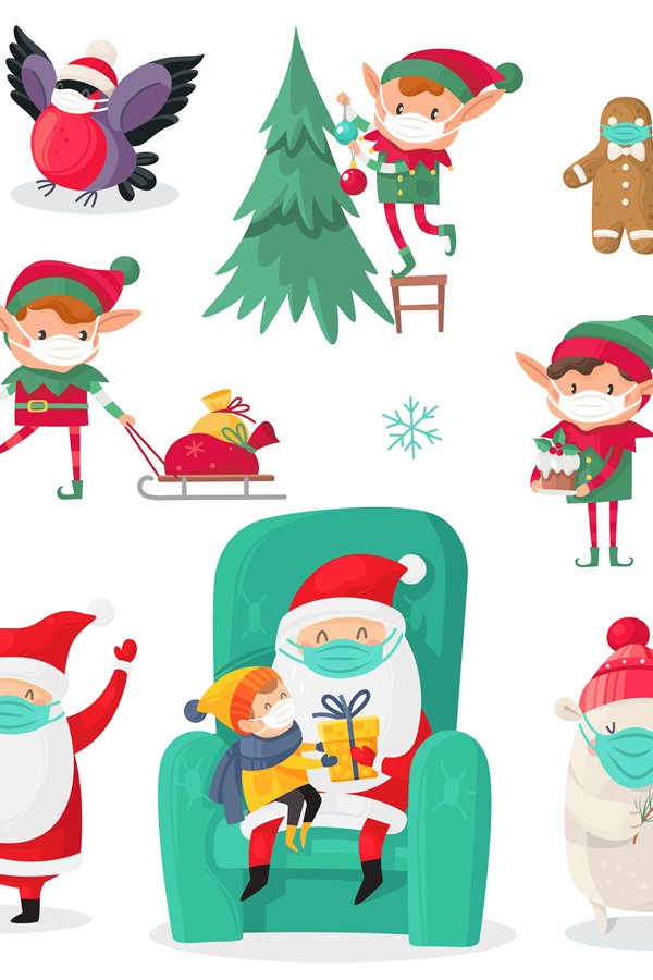 Cartoon christmas characters wearing medical masks. Santa, e
