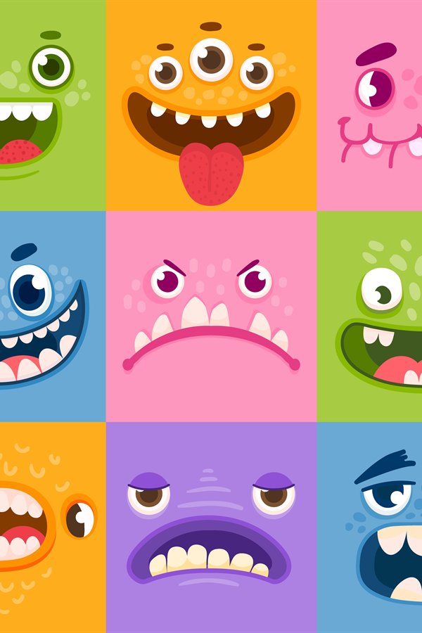 Monster faces. Funny cartoon monsters heads, eyes and mouths