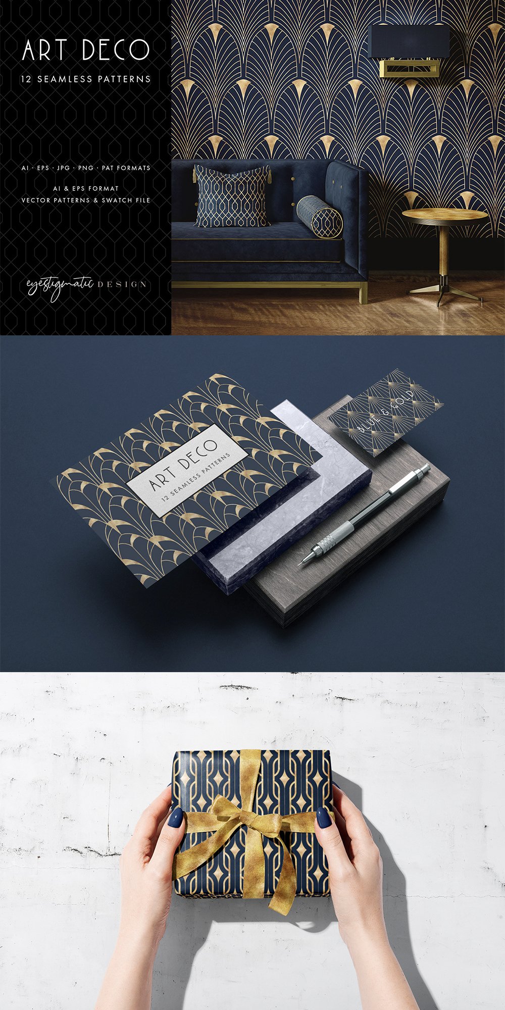 12 Seamless Art Deco Patterns - Gold & Blue (1862582)