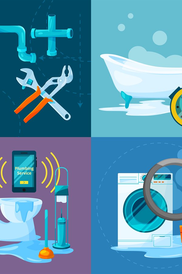 Conceptual pictures set of plumbing works. Bathroom and kitc