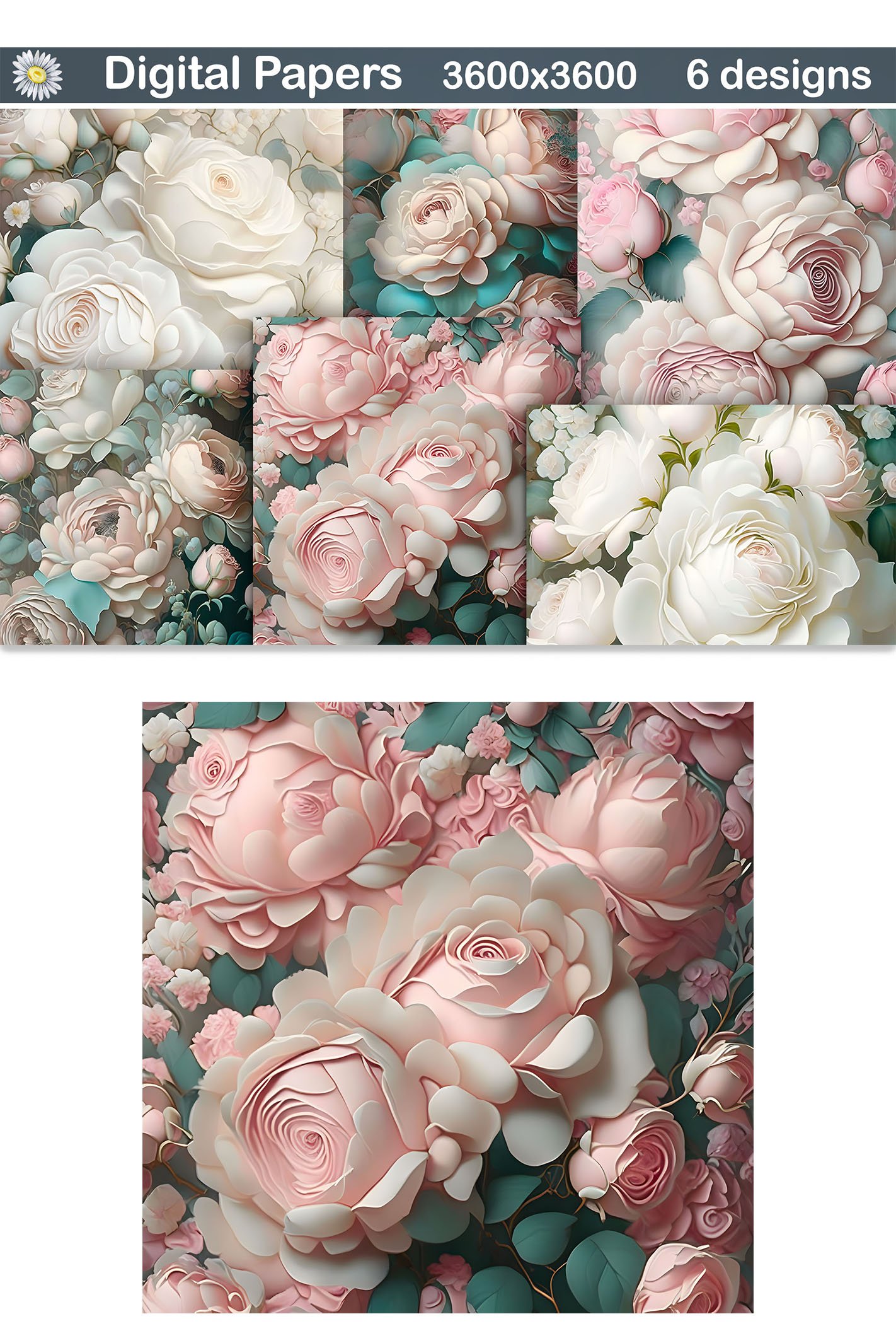 3D Roses Background | Pastel Roses Digital Paper