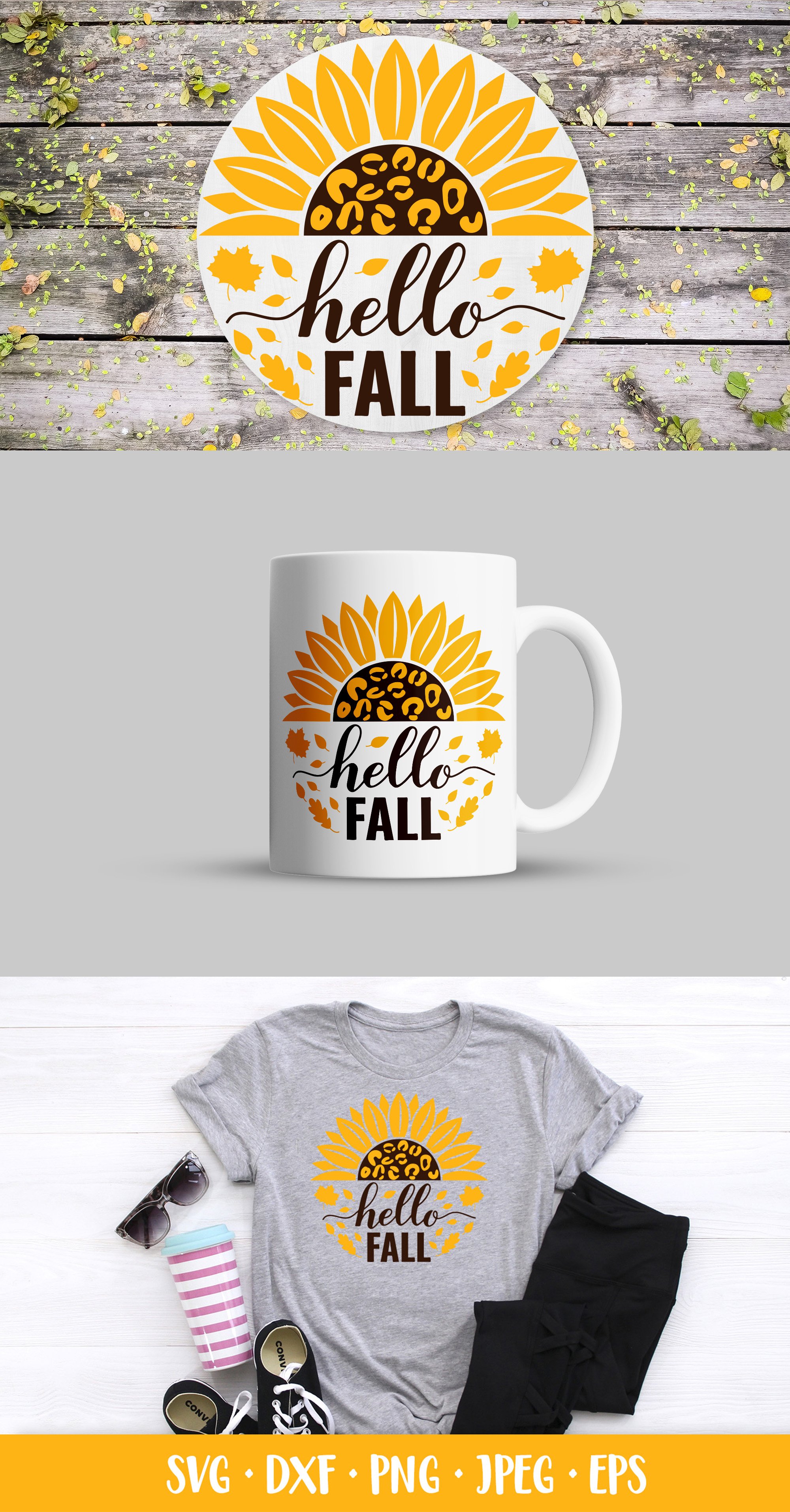 Hello fall round sign SVG. Sunflower leopard. Autumn decor