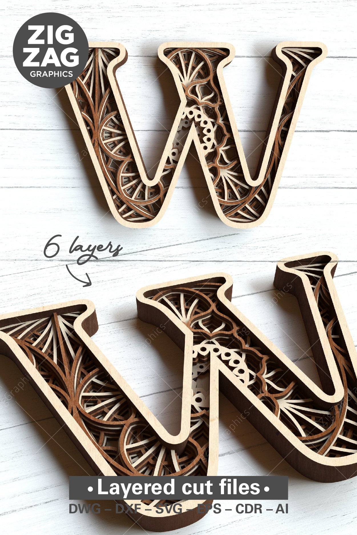 3D Layered mandala letter W svg cut file
