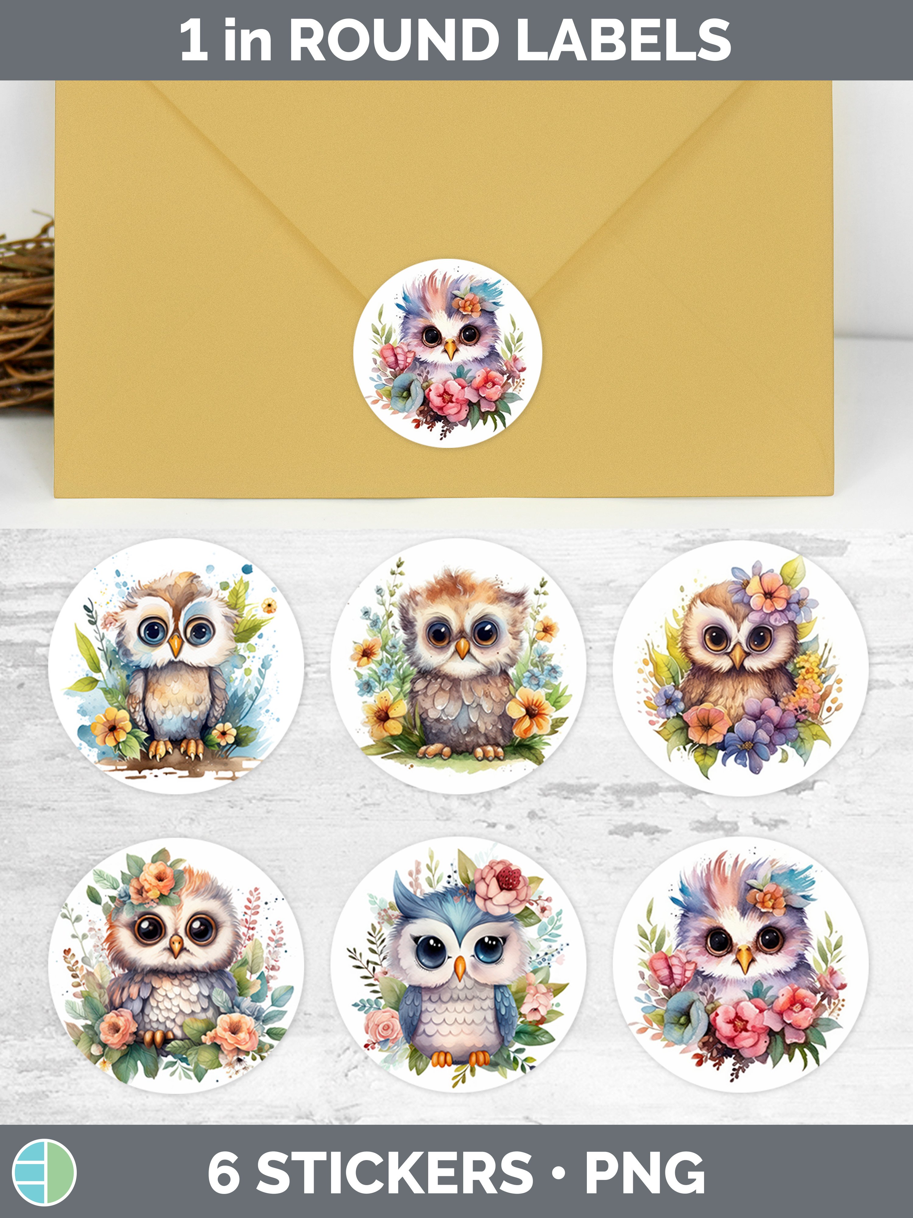 Watercolor Floral Owls Stickers | Round Labels Designs Bundl
