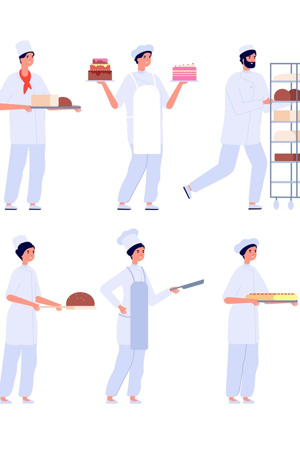 Bakers characters. Cartoon cute girl bake cake. Flat profess
