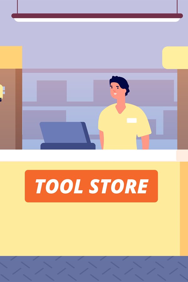 Toolstore interior. Tools shop, construction hardware on she