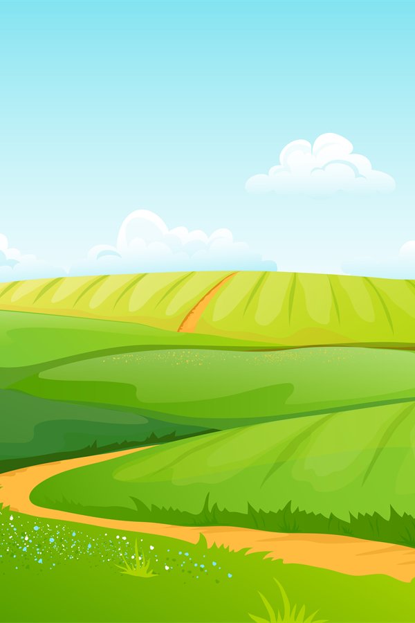 Summer fields landscape. Cartoon countryside valley with gre