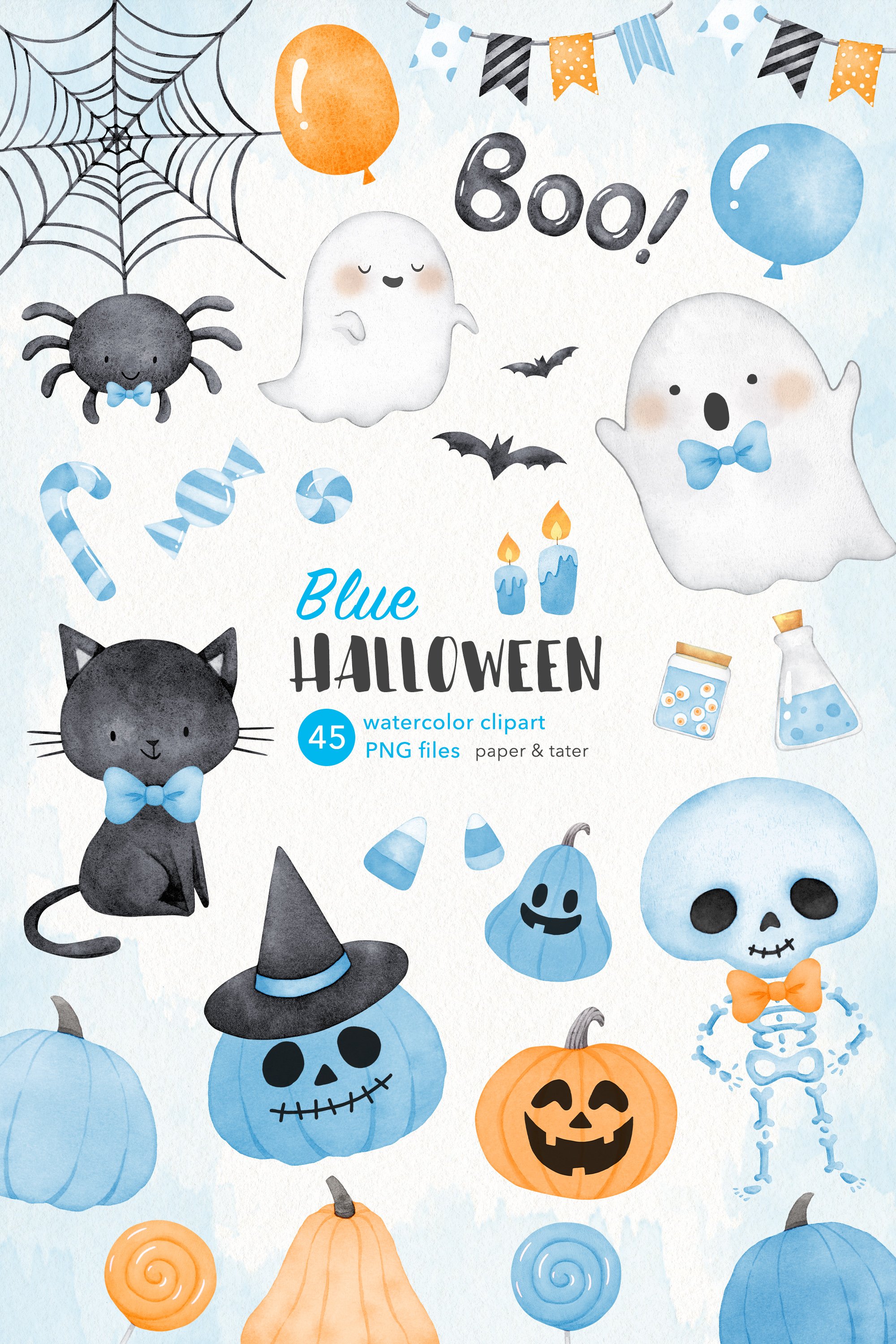 Blue Halloween Watercolor Clipart, Cute Halloween Boy PNG