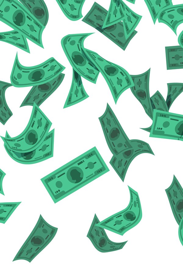 Falling money. Flying green banknotes isolated on white, fla
