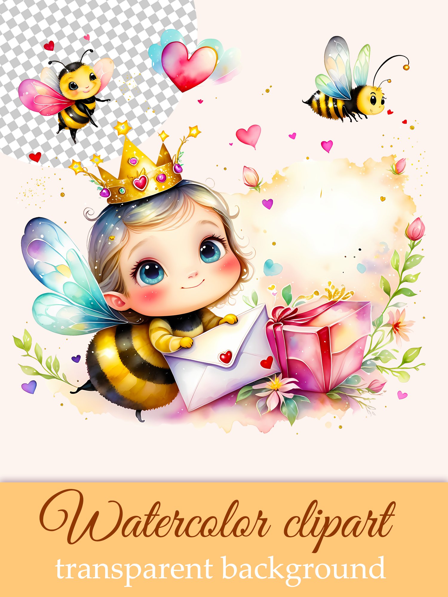 Watercolor Spring Bee Clipart, Bee watercolor painting, PNG,