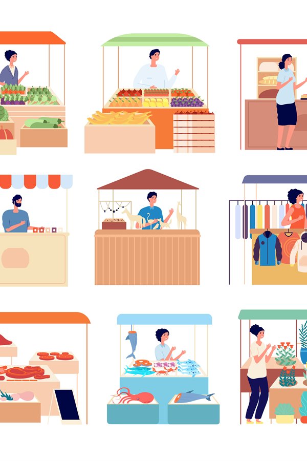 Street counter. Market vendors, sellers natural homemade fre