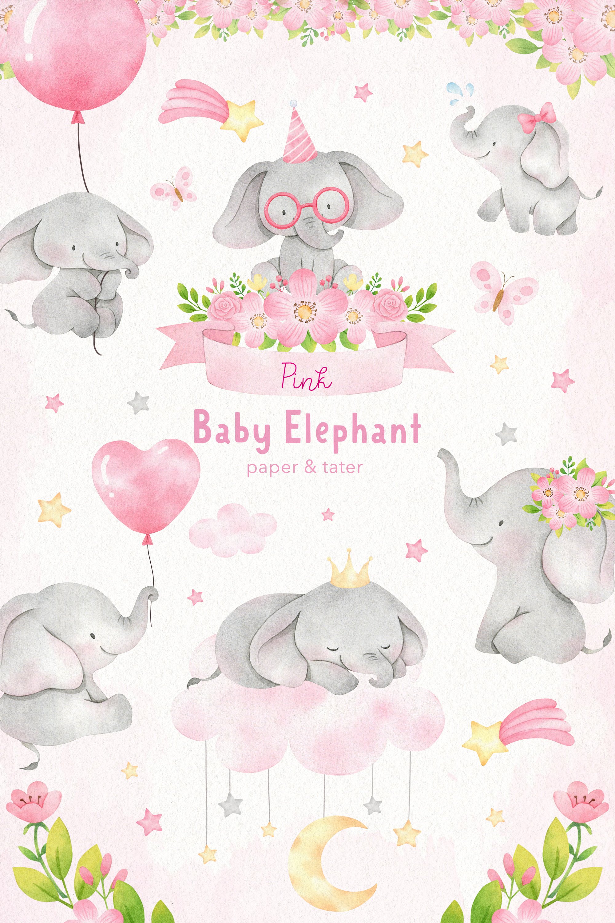 Watercolor Pink Baby Elephants Clipart, Nursery PNG Graphics