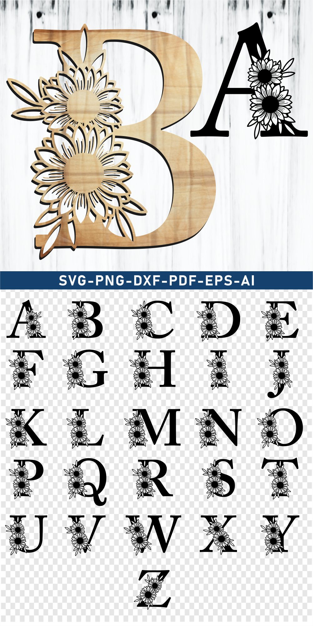 Sunflower Monogram Letters SVG, Alphabet Font Laser Cut File
