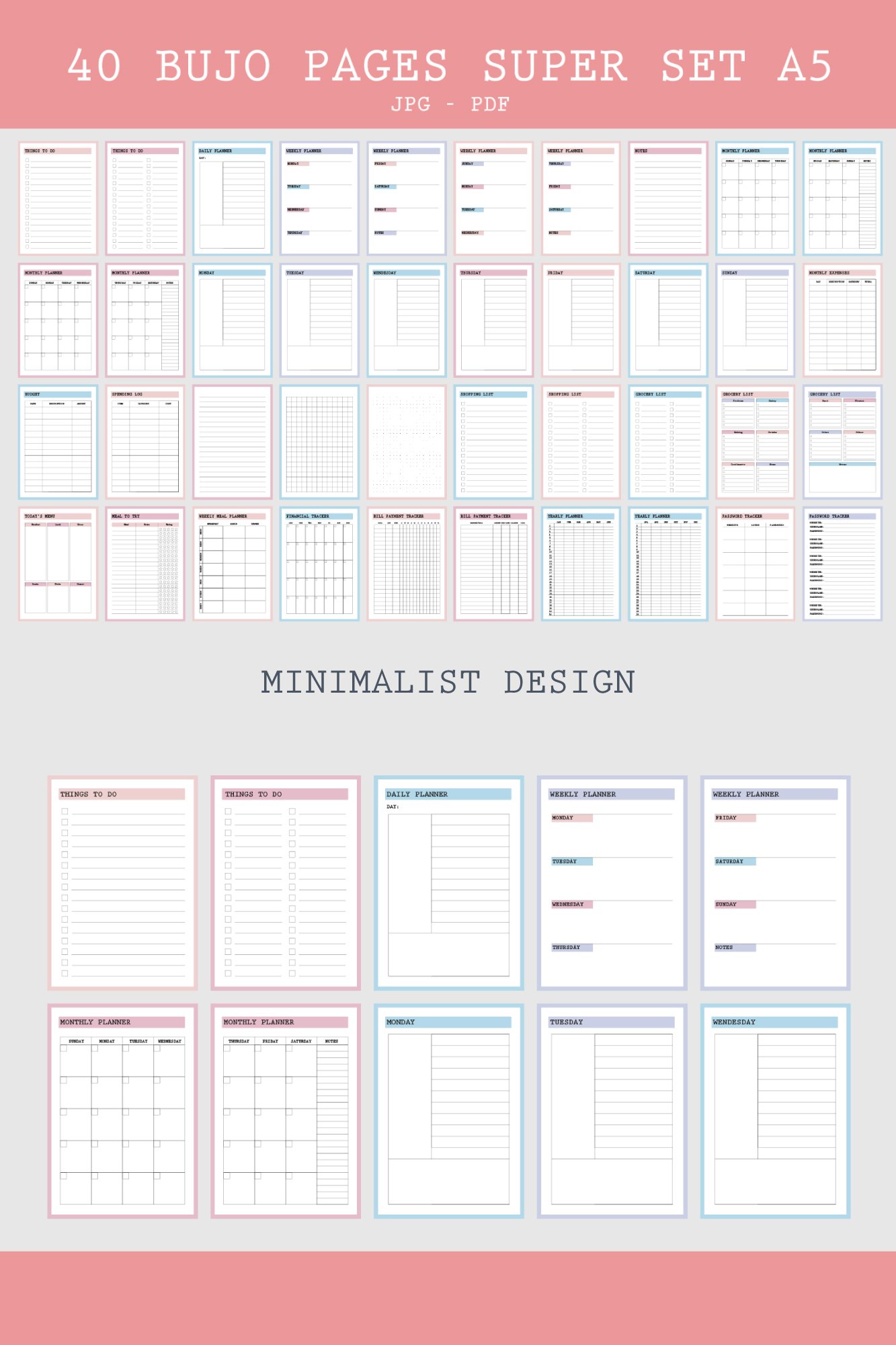 40 Planner pages A5, printable set, bullet journal Inserts