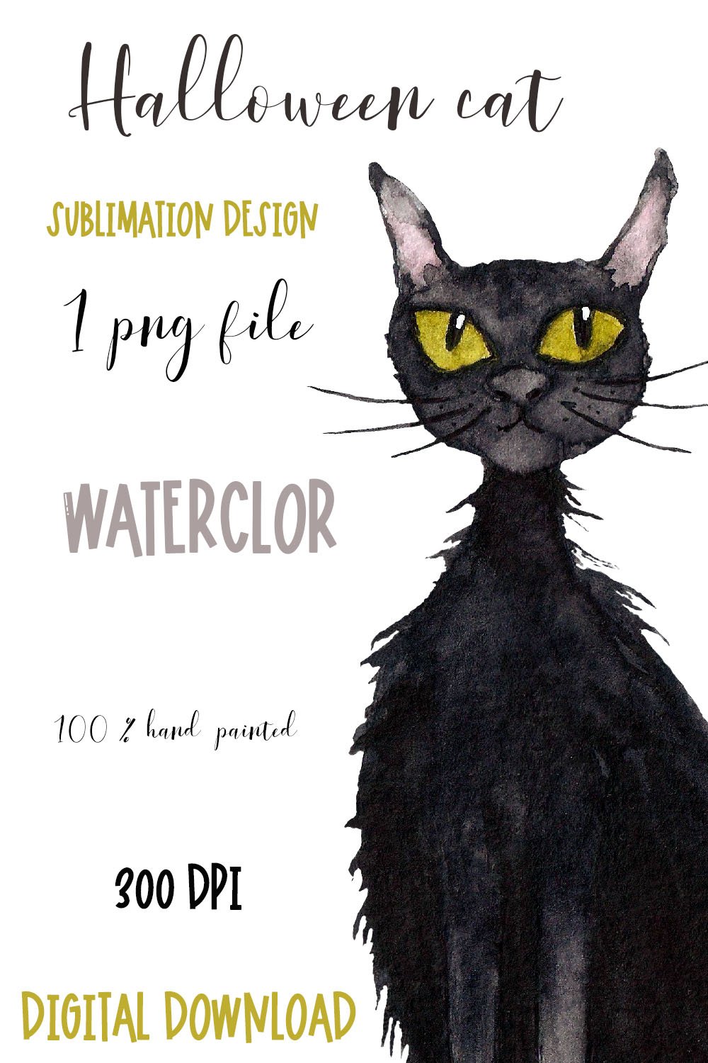 Watercolor Halloween cat clipart. Sublimation designs