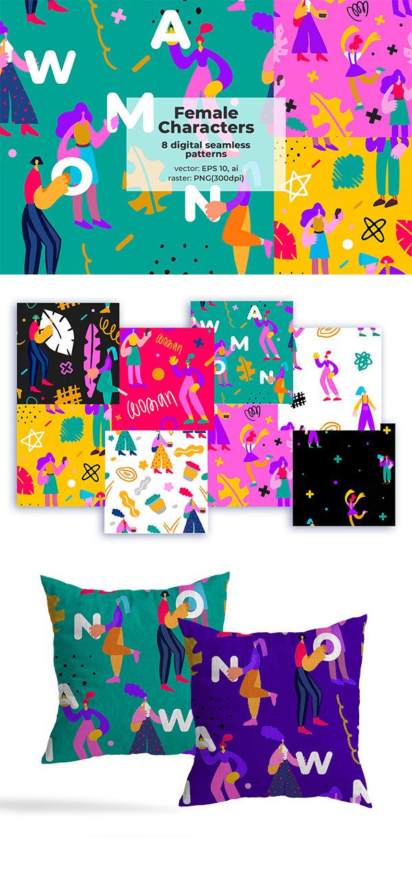 Seamless pattern with modern female characters