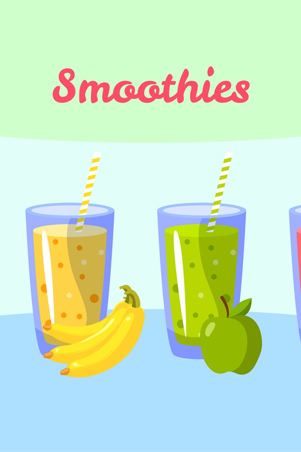 Cartoon smoothies. Berry banana apple and strawberry. Organi