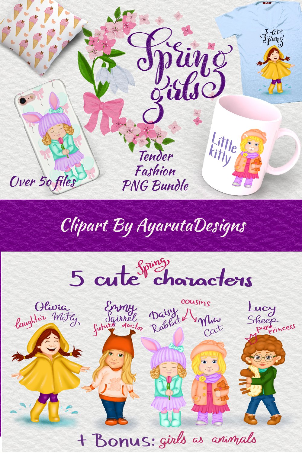 Spring Girls PNG Clipart, cute flower baby fashion bundle