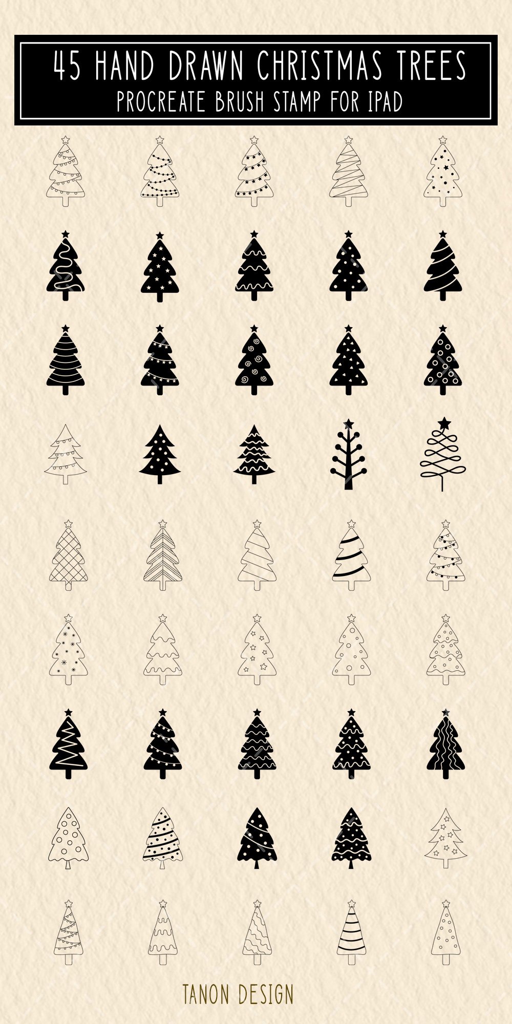 45 Hand Drawn Christmas Trees Procreate Brush Stamp for iPad