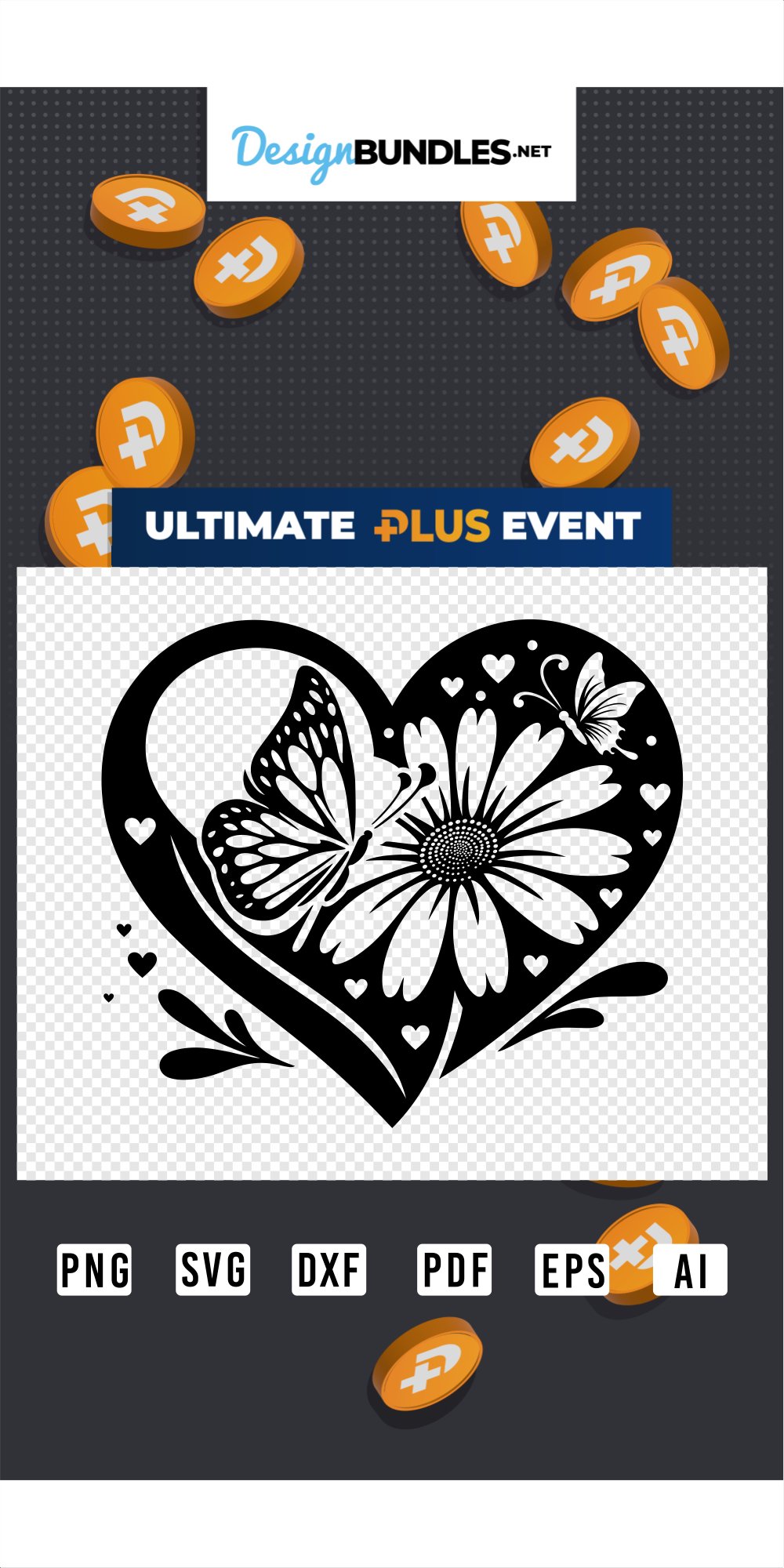Daisy Flower And Butterfly in Heart SVG Cut File