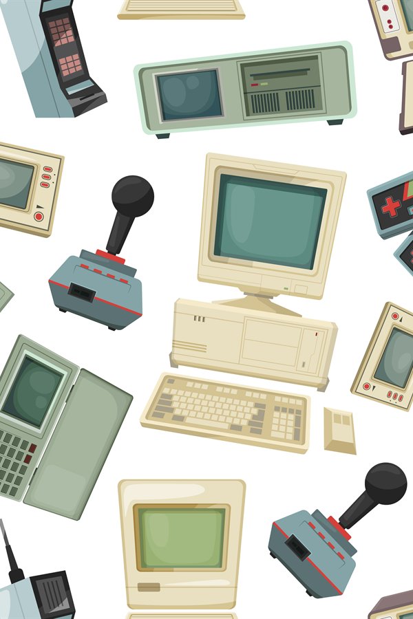 Seamless pattern with different vintage computers and gadget
