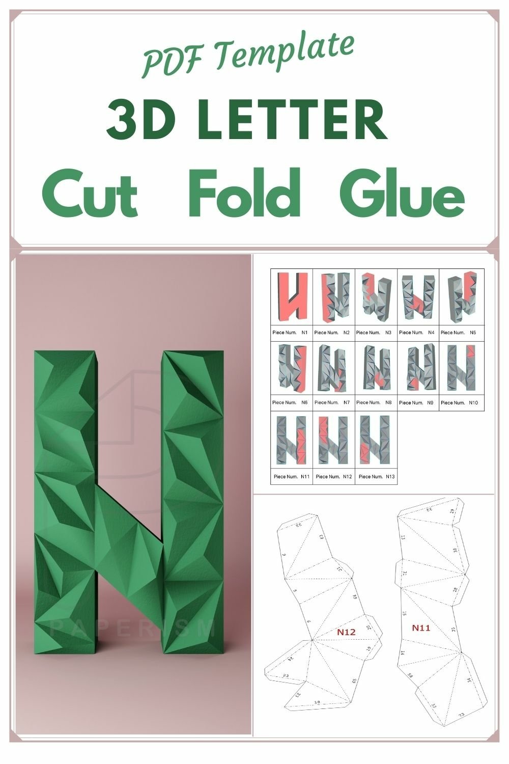 N Letter Papercraft, 3d Alphabet, DIY pdf template, low poly