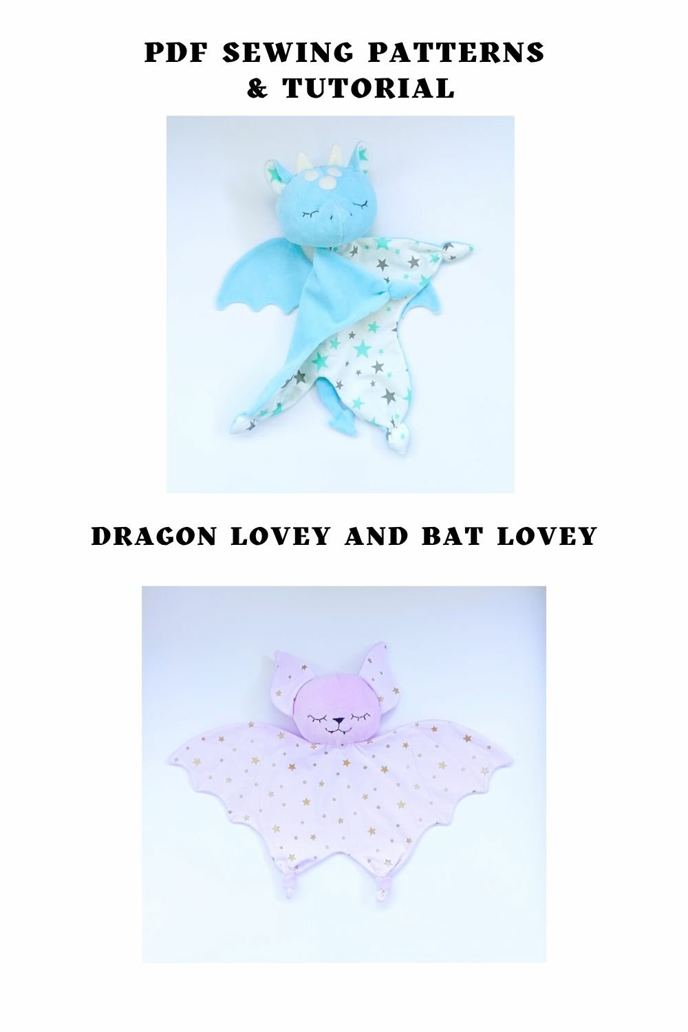 Dragon lovey and Bat lovey PDF set of 2 sewing patterns