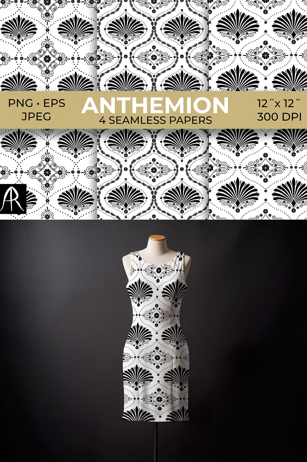 Monochrome Damask Patterns with Anthemion and Ogee Motifs