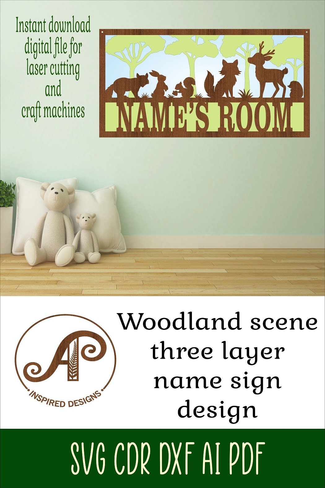 Woodland scene name sign SVG 3 layer laser cut template