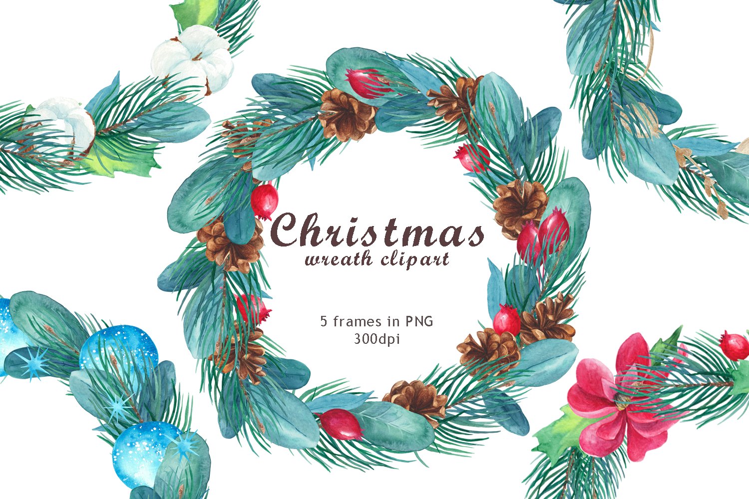 Watercolor Christmas Wreaths Clipart, PNG