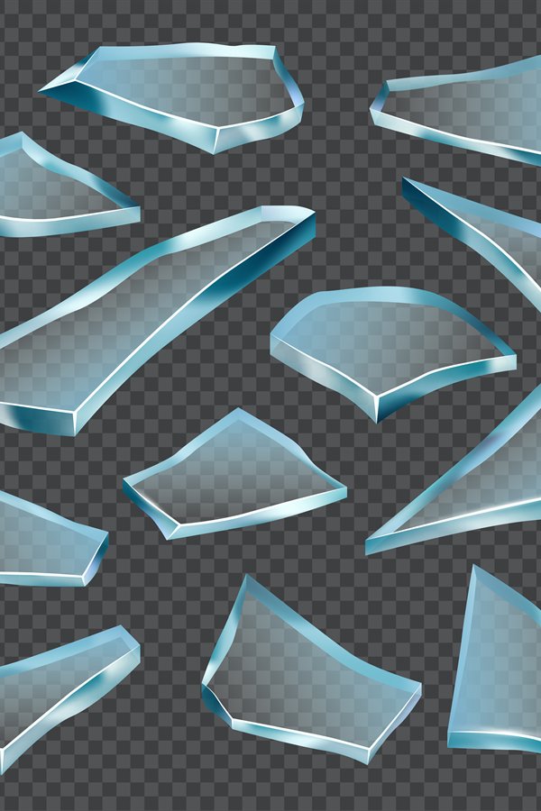 Damaged glass shapes. Shattered mirror or window transparent