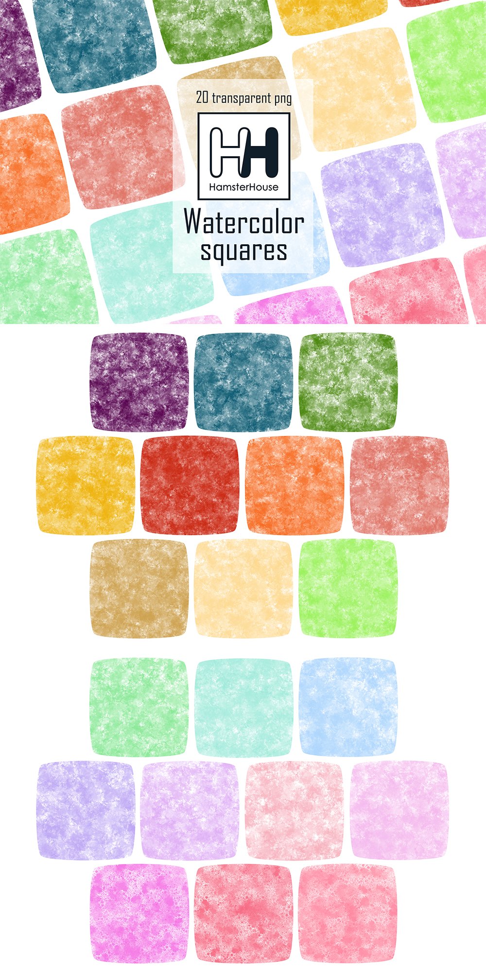 Watercolor rounded semi-transparent squares, 20 png
