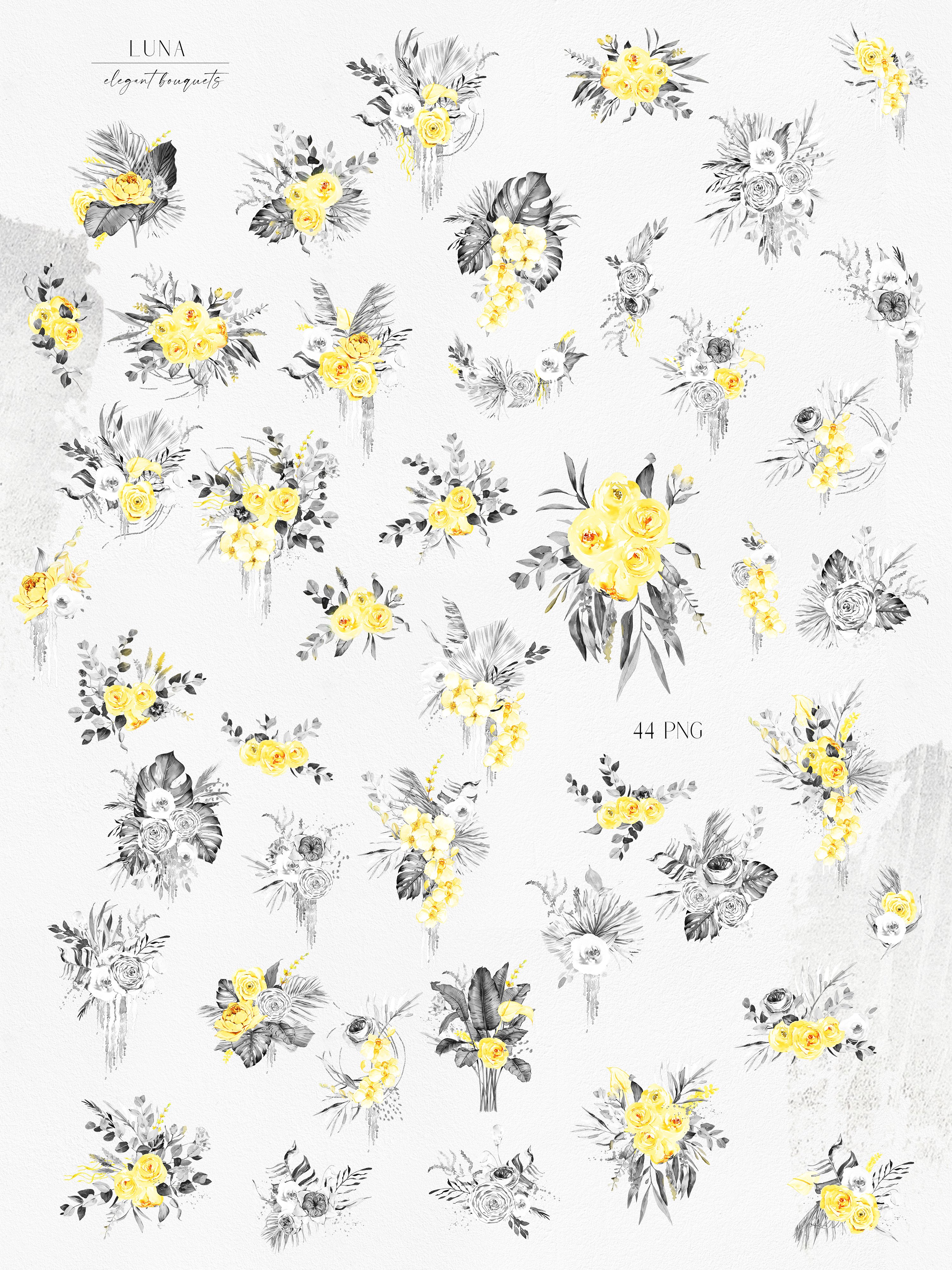 Boho tropical watercolor floral clipart, black and white