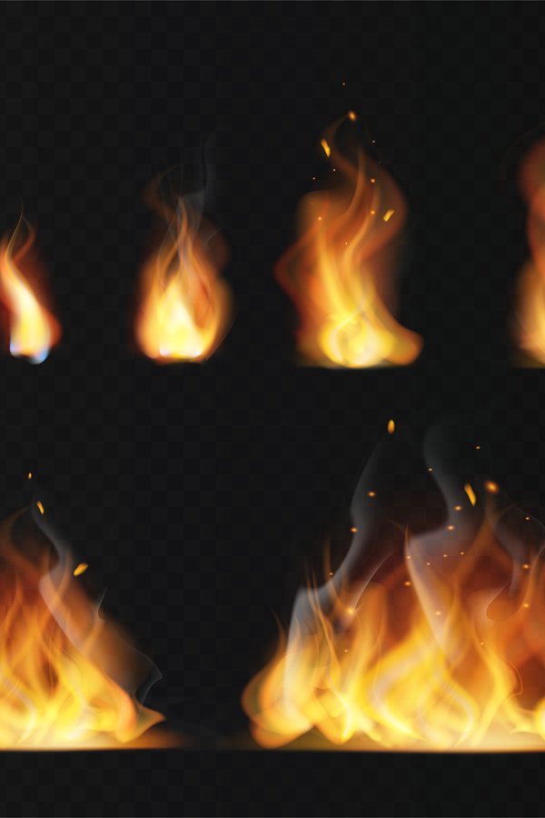 Realistic flame. Hot fireball warm furnace fire blazing effe