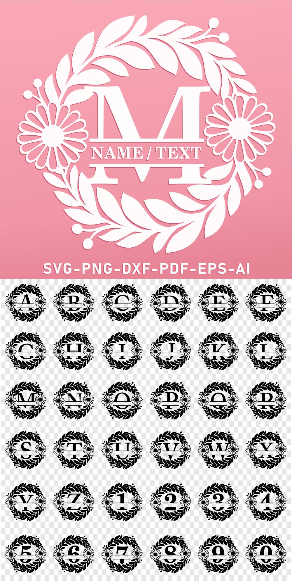 Round Floral wreath monogram Split Letters, Split Fonts SVG