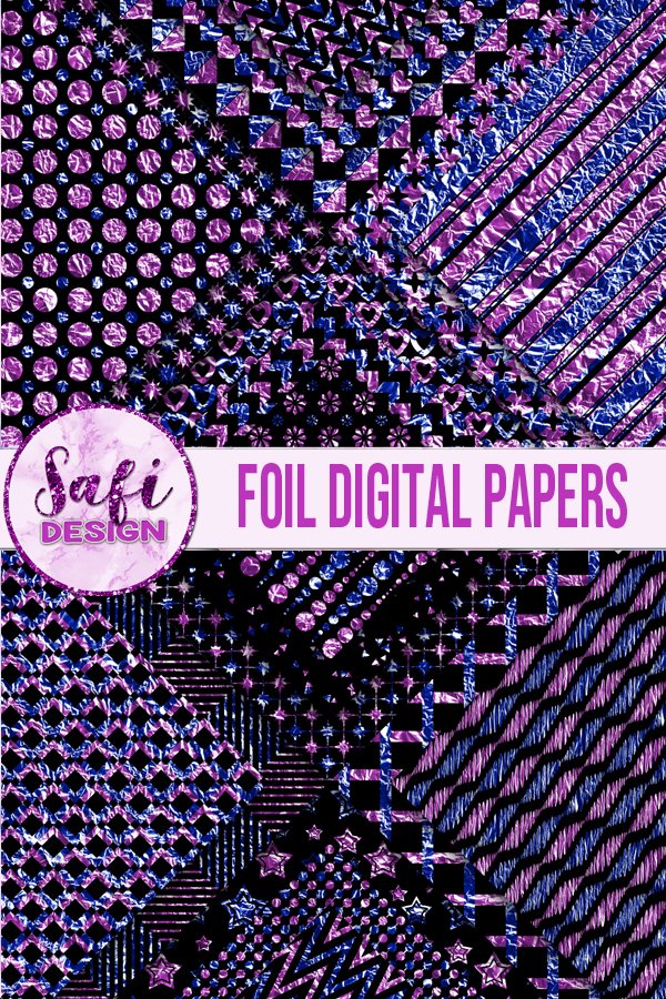 Blue and Purple Foil Digital Paper Patterns