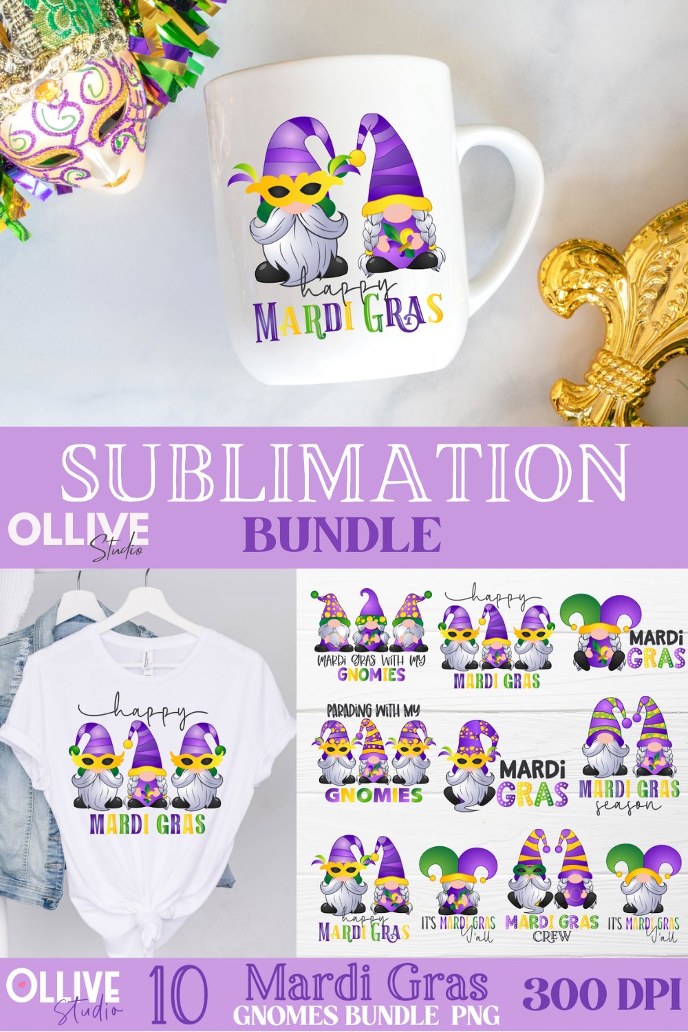 Mardi Gras Gnome PNG Bundle | 10 Different Designs