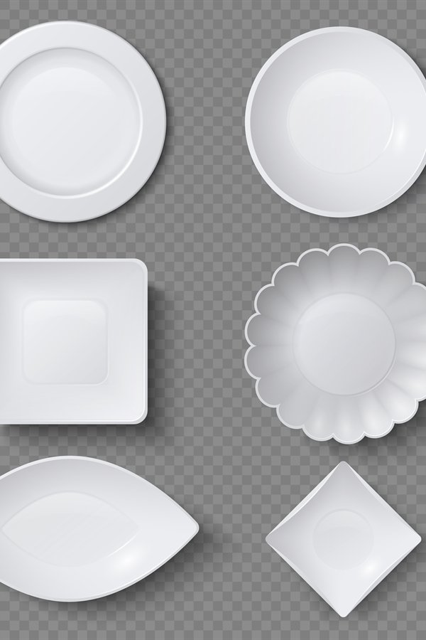 Different shapes of realistic food plates, dishes and bowls