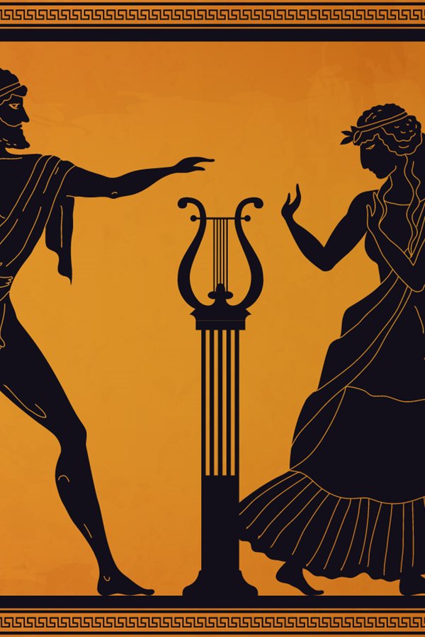 Ancient Greece scene. Antic vase with silhouettes of mytholo
