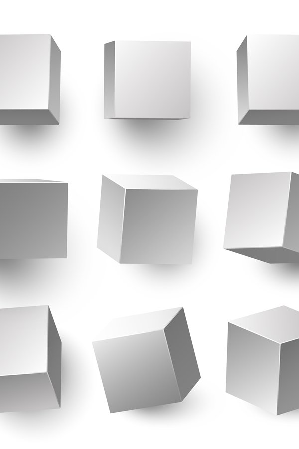 Realistic 3D white cubes. Minimal cube shape with different