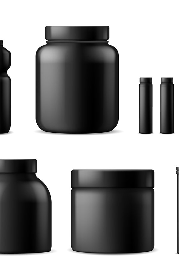 Sport food black containers. Whey protein, gainer powder and