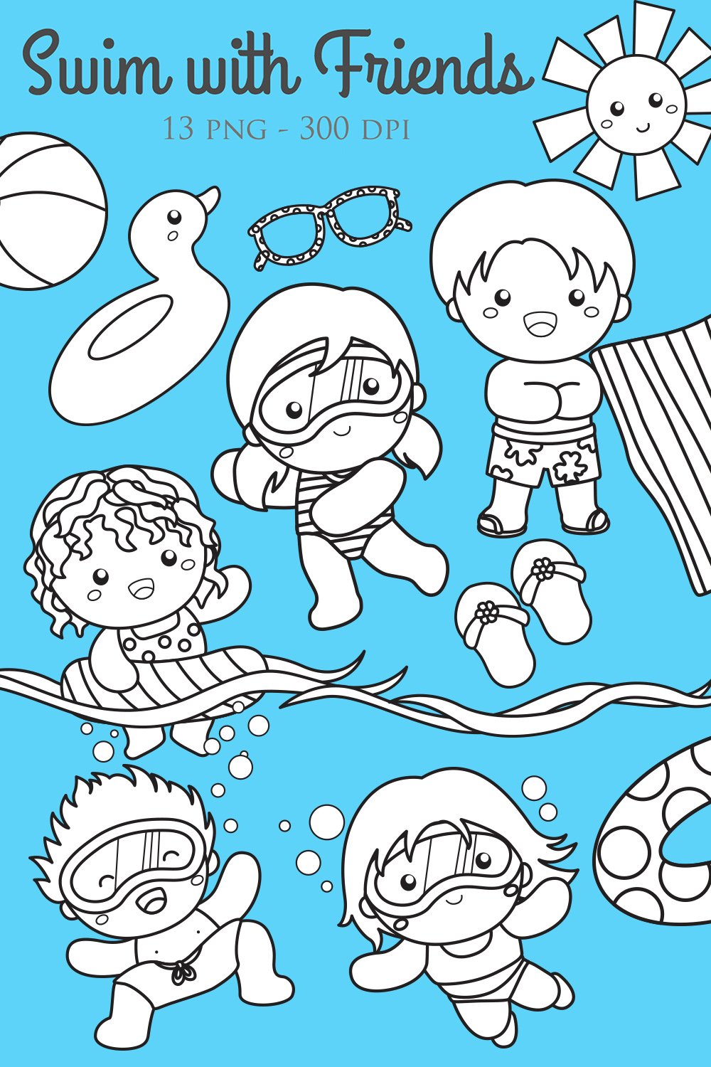 Holiday Swimming with Friends Kids Cartoon Digital Stamp