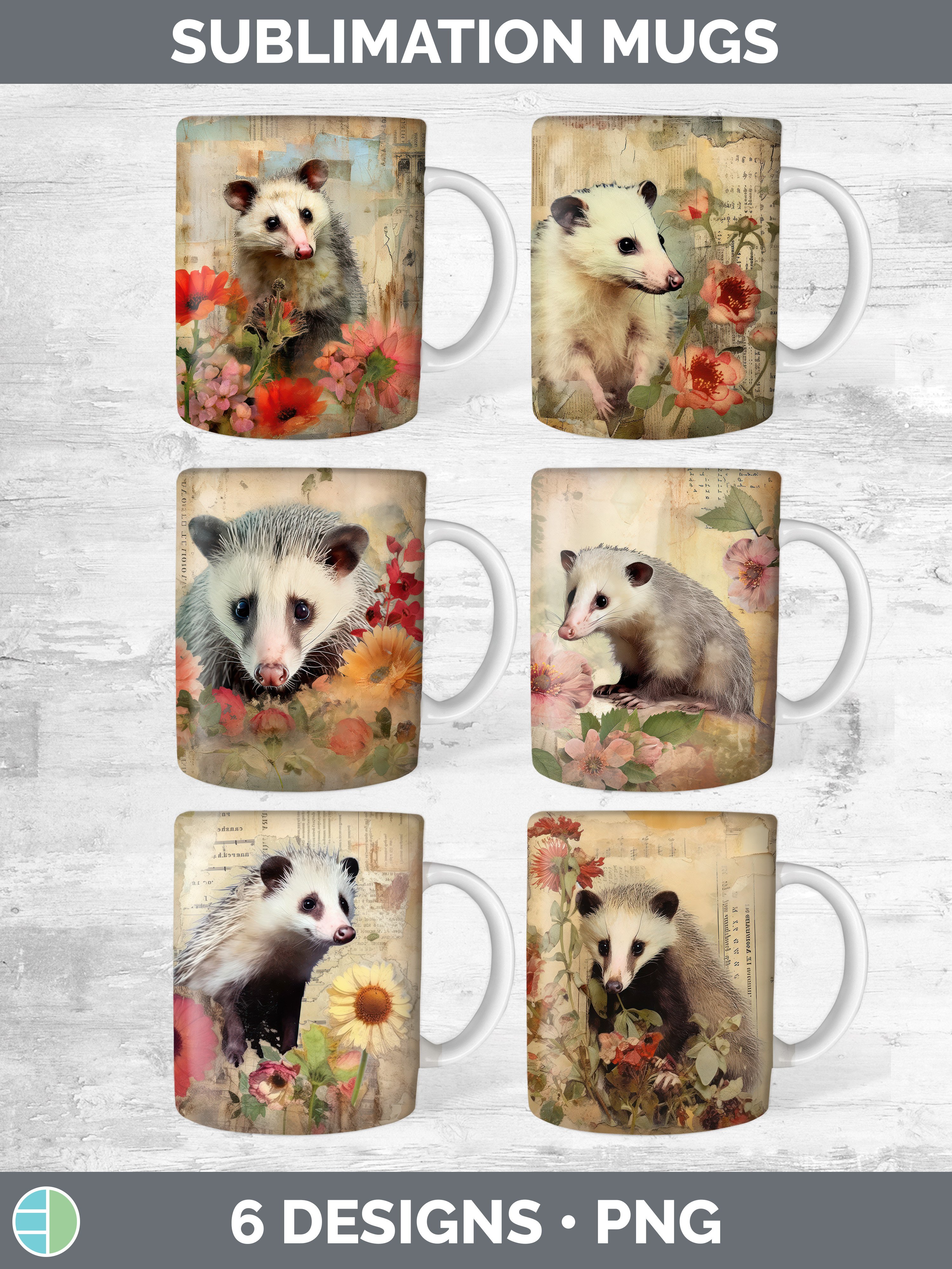 Vintage Opossum Mug Wrap | Sublimation Coffee Cup Designs Bu