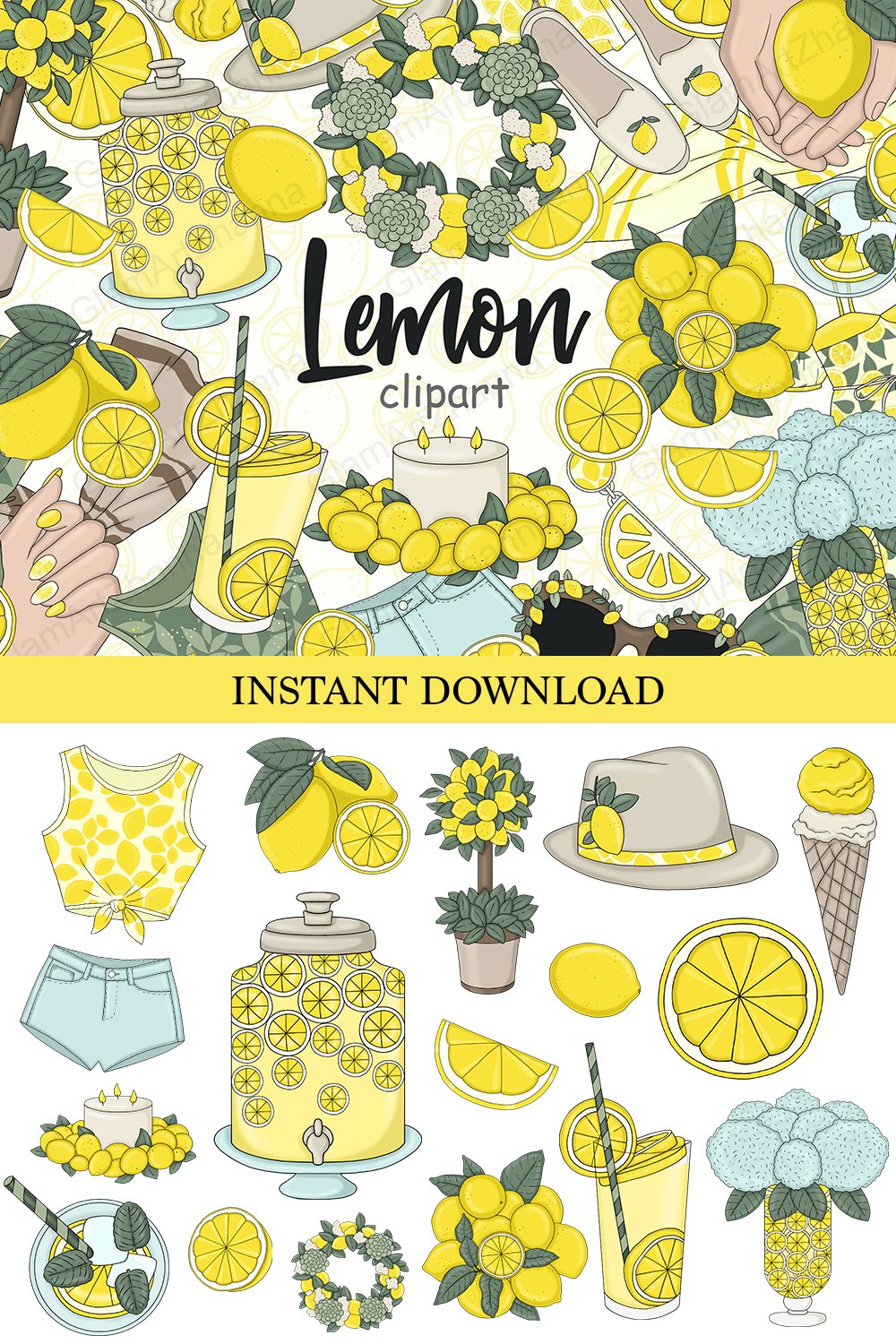 Lemon CLIPART Summer Tropical Lemons Lemonade - PNG files