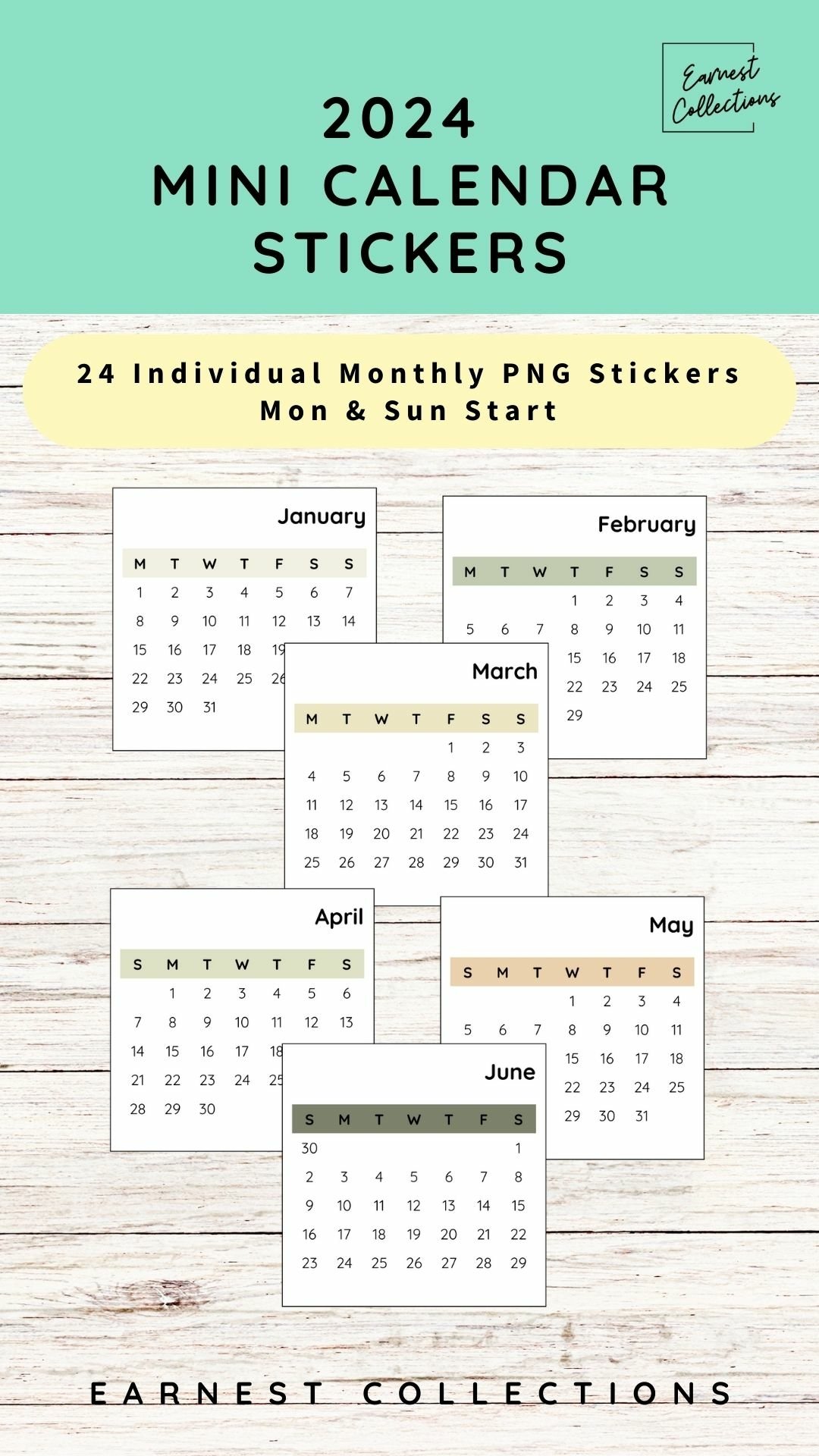 2024 mini calendar stickers for bullet journal and planner