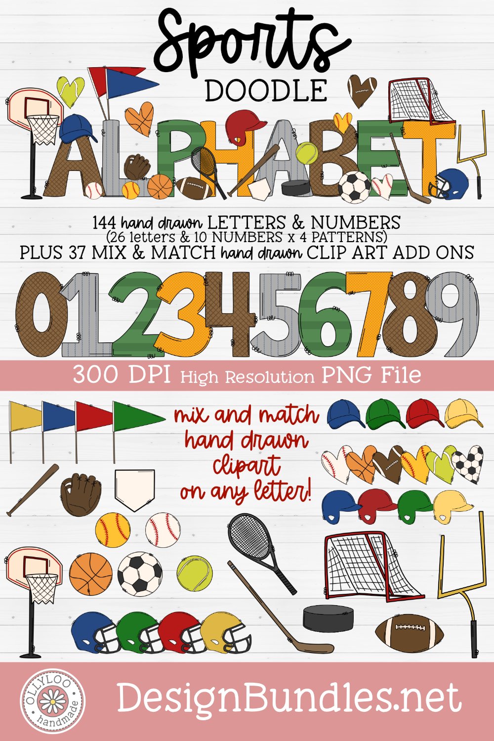 Sports Alphabet & Numbers Bundle with Hand Drawn Clipart