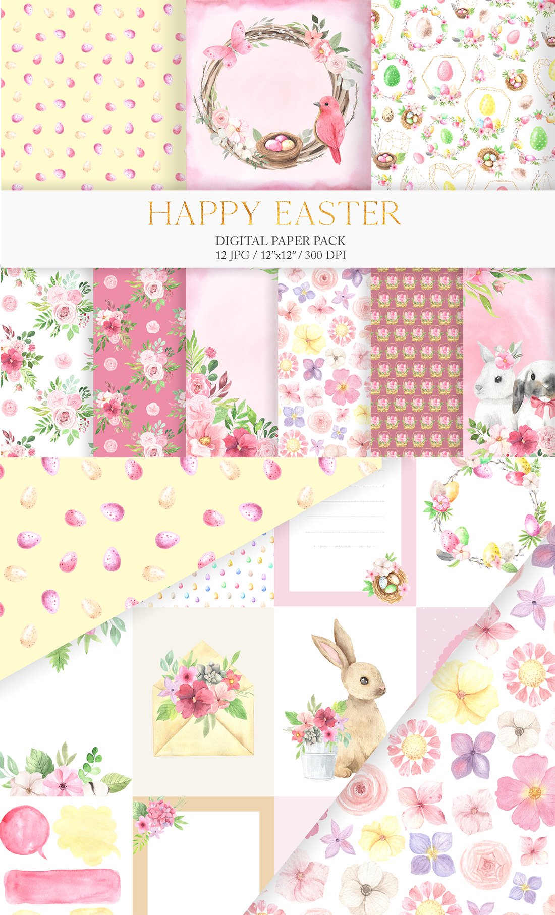 Watercolor Spring Easter Digital Papers pack