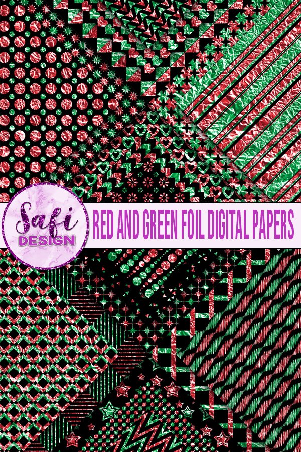 Digital Paper - Red and Green Christmas Foil Patterns
